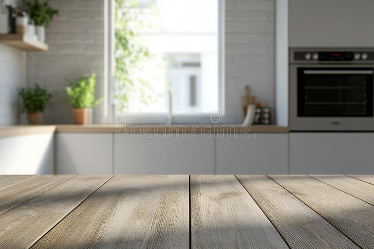 Wooden Table Top in the Foreground with a Blurred Kitchen Counter ...