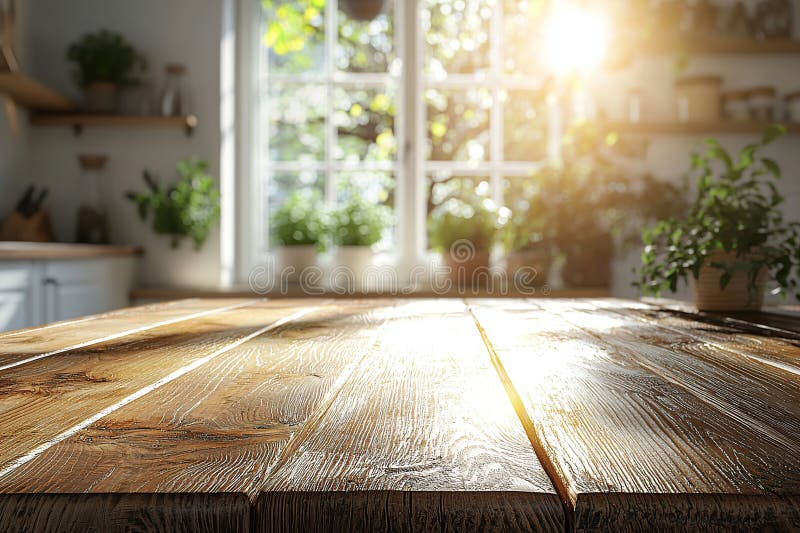 A Wooden Table Top with a Kitchen Background and Sunbeams Streaming ...