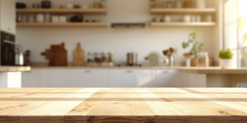 Wooden Table Top in Kitchen Stock Photo - Image of cabinets, spacious ...