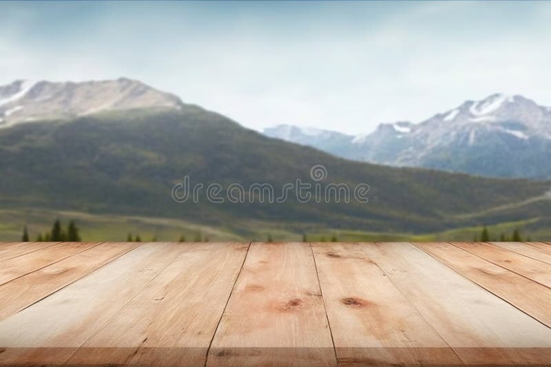Wooden Table Top with the Mountain Landscape Stock Illustration ...
