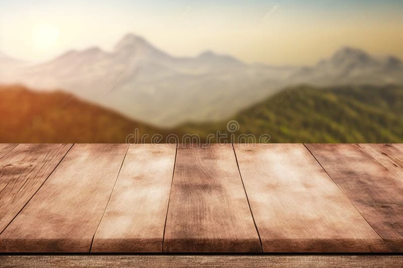 Wooden Table Top with the Mountain Landscape Stock Illustration ...