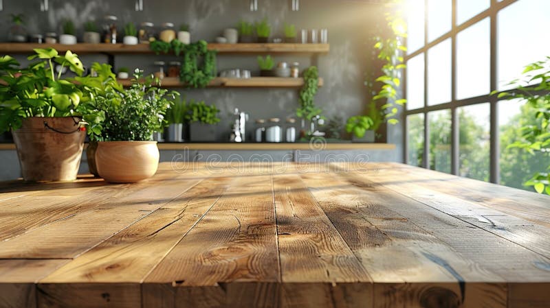 A Wooden Table Top with a Rustic Kitchen Background, Featuring Plants ...