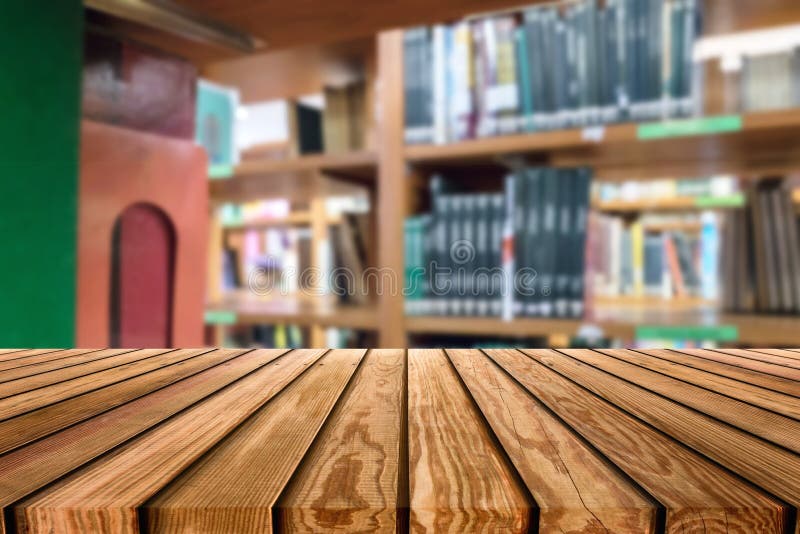 Wooden Table Top on Shelves Book Stacked in Library Stock Image - Image ...