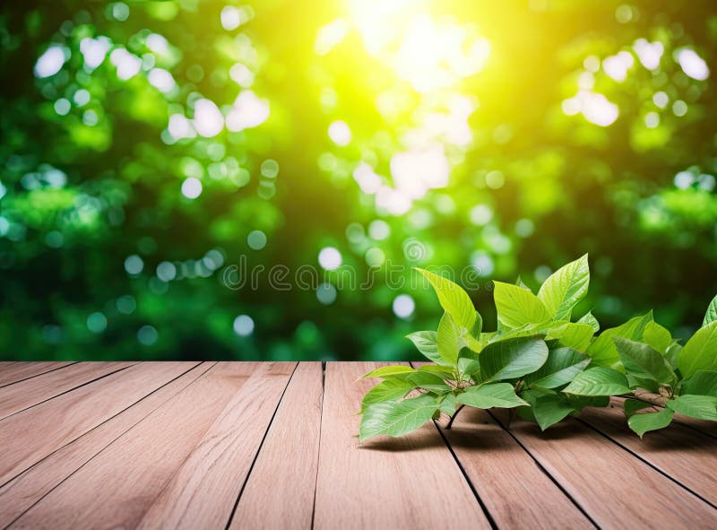 Wooden Table Top with Spring Green Leafs As Frame and Free Space for ...