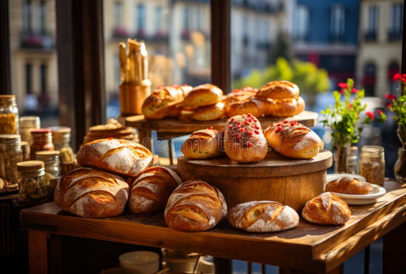 A Wooden Table Topped with Lots of Bread. a Variety of Freshly Baked ...