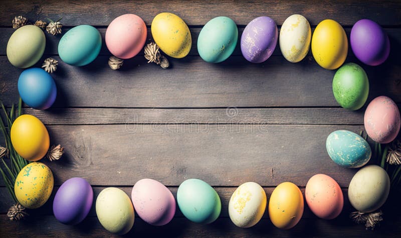 A Wooden Table Topped with Lots of Different Colored Eggs and Flowers ...