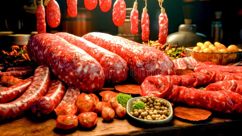 Wooden Table Topped with Lots of Different Types of Meats and ...