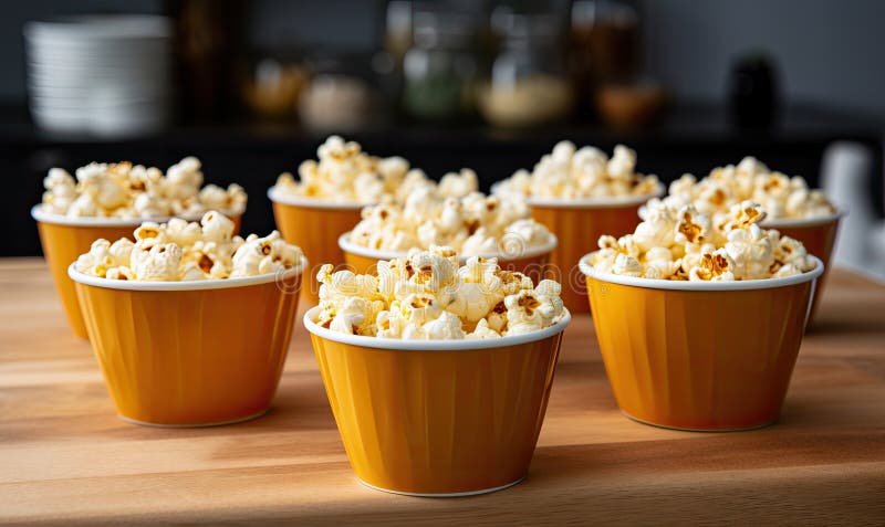A Rustic Table Setting with Vibrant Popcorn Filled Cups Stock ...
