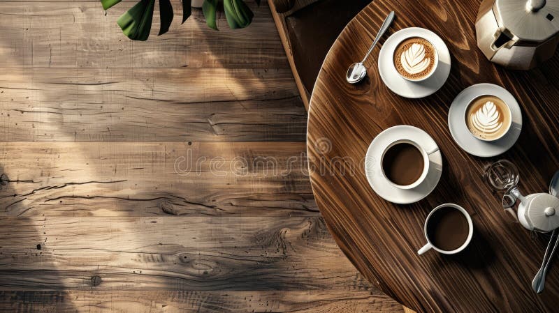 Two Cups of Coffee Resting on a Wooden Table Surface. Generative AI ...
