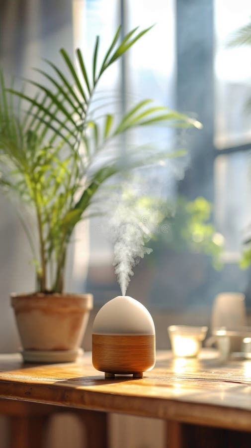 A Wooden Table Topped with a White and Brown Diffuser Stock Image ...