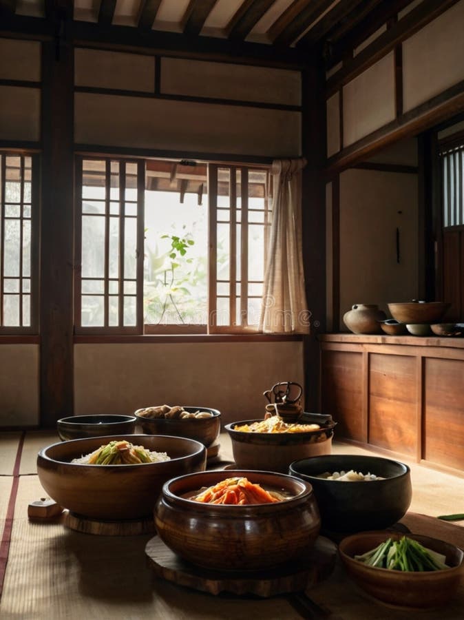 A Wooden Table in a Traditional Korean Home Stock Illustration ...
