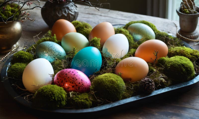 Wooden Table with Tray of Eggs Arranged in Mossy Bed. Colorful Handmade Easter Eggs on Rustic ...