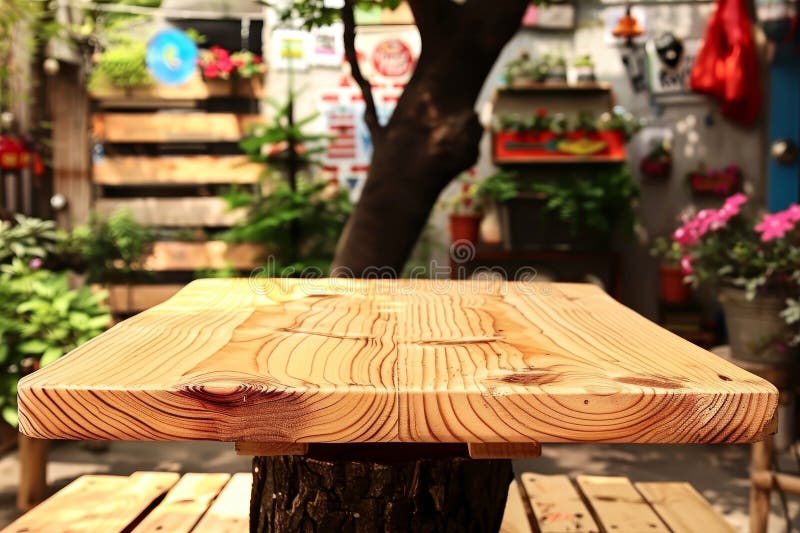 Wooden Table on Tree Stump. Generative AI Stock Illustration ...
