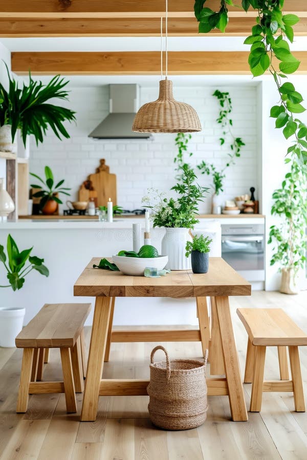 A Wooden Table and Two Benches in a Kitchen with Plants Stock Image ...