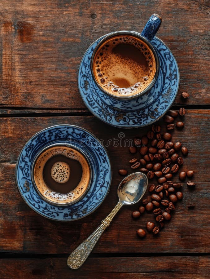 Wooden Table with Two Cups of Coffee Stock Image - Image of coffee ...
