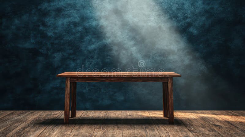 Wooden Table Under Dramatic Light Against Dark Blue Background Stock ...