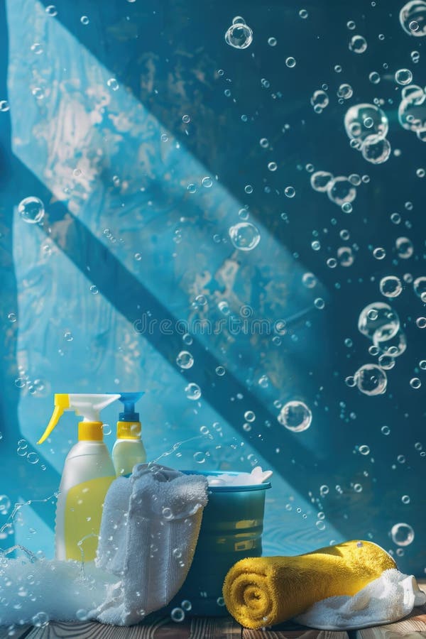 A Wooden Table with Various Cleaning Products Such As Bottles, Sponges ...