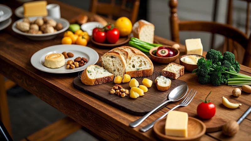 On the Wooden Table, Various Foods are Placed, Colorful and Tempting ...