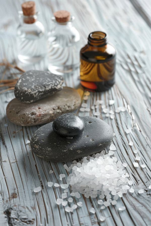 A Wooden Table with Various Rocks and Salt on Top. Great for Kitchen or ...