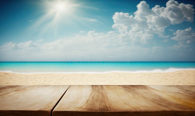 A Wooden Table with a View of the Beach and Ocean Stock Illustration ...