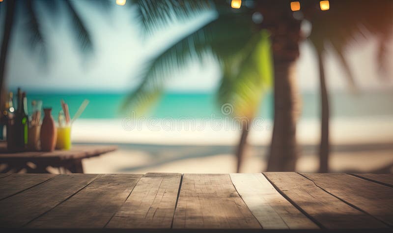 A Wooden Table with a View of a Beach and Palm Trees Stock Photo ...