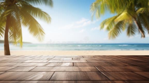 Photo of a Beach View from a Rustic Wooden Table Stock Illustration ...