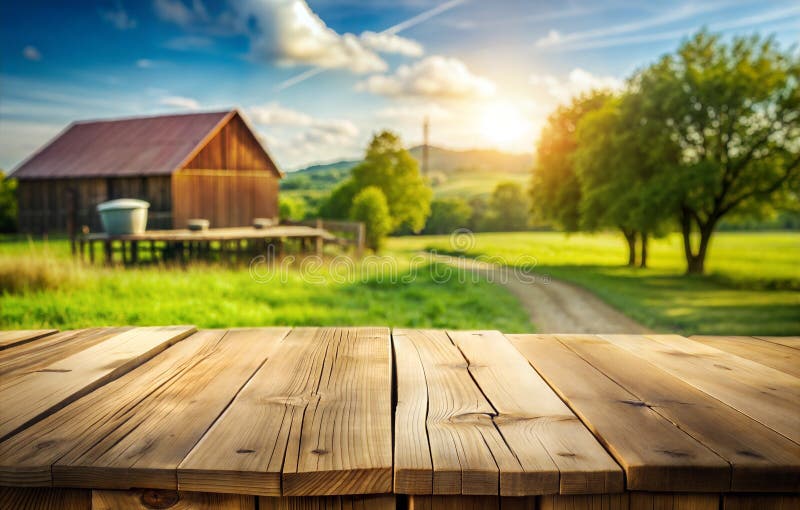 Wooden Table with View of Farm, Path and Barn Stock Illustration ...