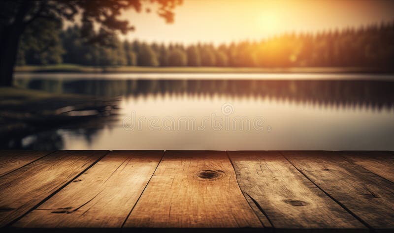 A Wooden Table with a View of a Lake and Trees Stock Illustration ...
