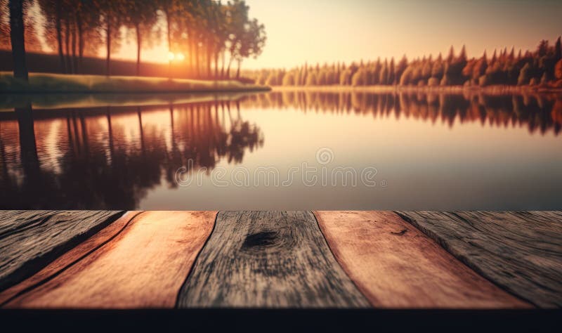 A Wooden Table with a View of a Lake and Trees Stock Illustration ...