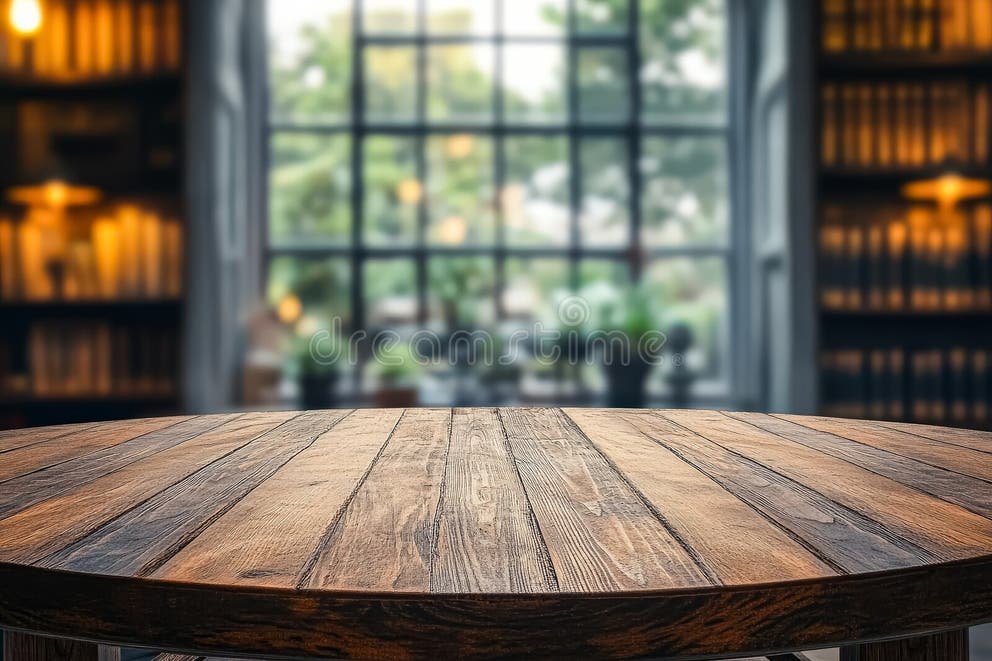 Wooden Table with a View of a Library. Stock Photo - Image of wooden ...