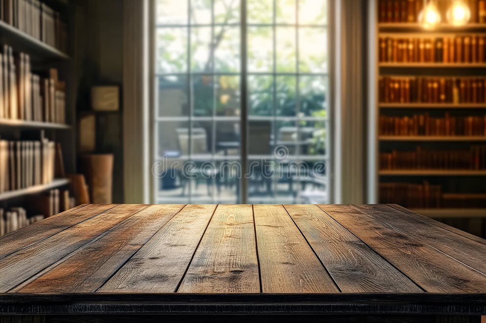 Wooden Table with a View of a Library. Stock Image - Image of table ...