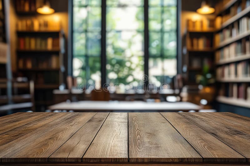 Wooden Table with a View of a Library Stock Image - Image of surface ...