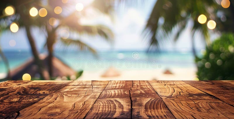 A Wooden Table with a View of the Ocean by AI Generated Image Stock ...