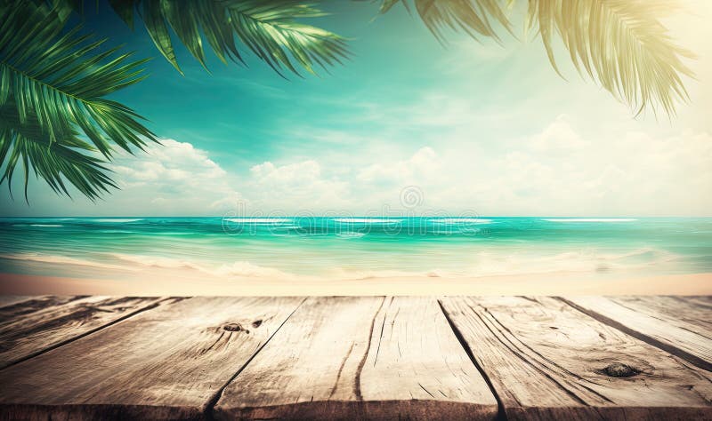 A Wooden Table with a View of the Ocean and a Beach Stock Illustration ...