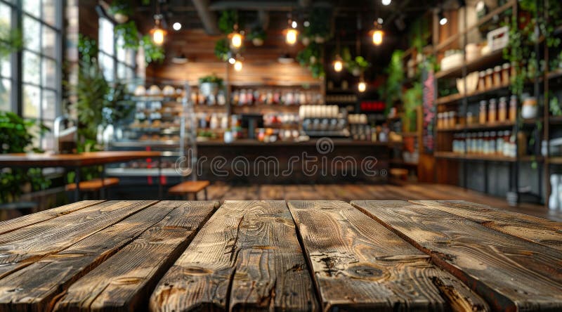 A Wooden Table with a View of a Restaurant Stock Image - Image of food ...
