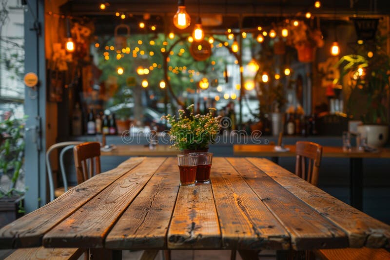 A Wooden Table with a View of a Restaurant. Advertising Background ...