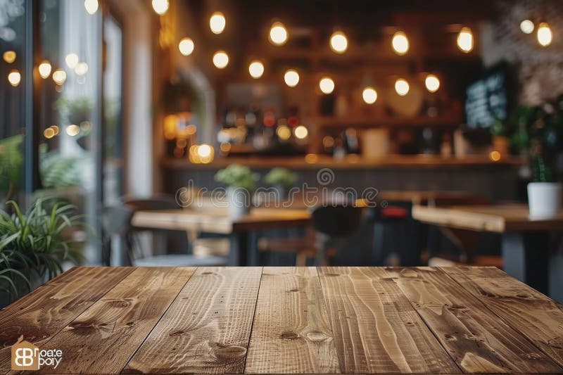 A Wooden Table with a View of a Restaurant. Advertising Background ...