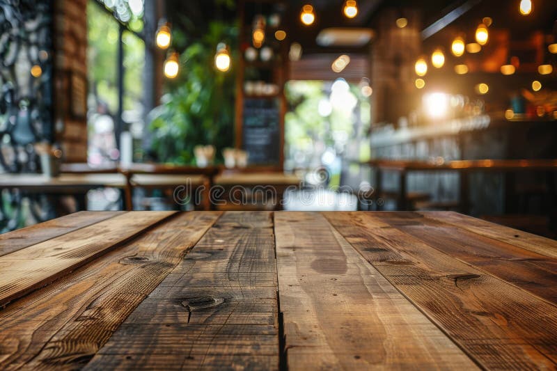 A Wooden Table with a View of a Restaurant. Advertising Background ...