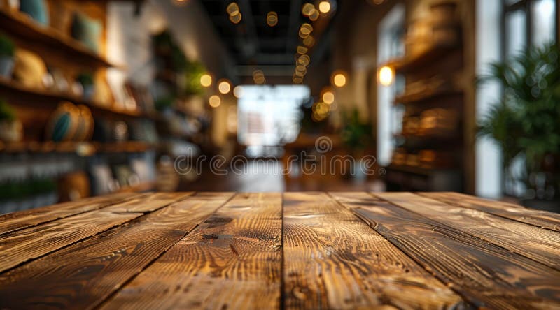 A Wooden Table with a View of a Store. the Table is Empty and the Store ...