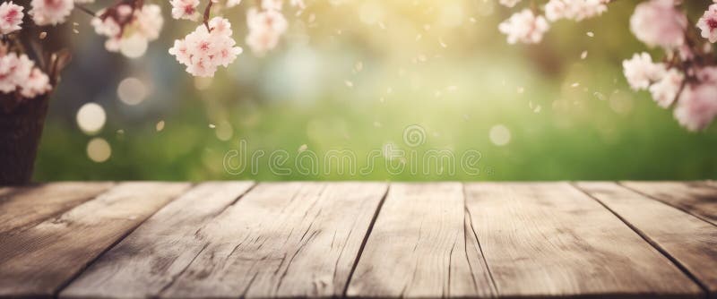 A Wooden Table with View Tree with Pink Flowers Stock Photo - Image of ...