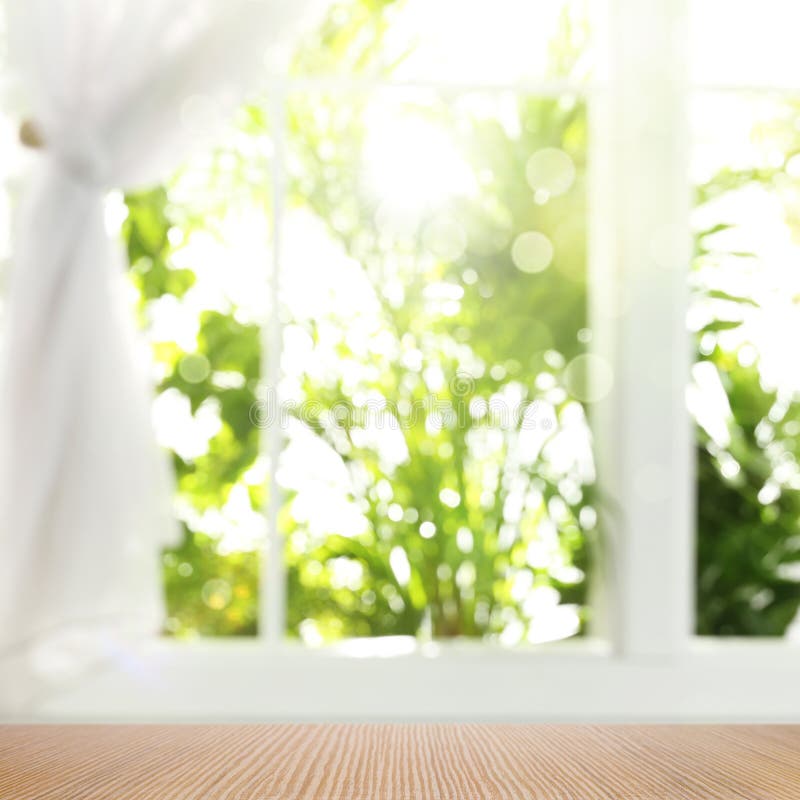 Wooden Table and View through Window on Garden Stock Photo - Image of ...