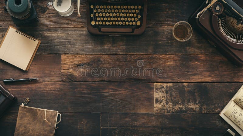 Wooden Table with a Vintage Typewriter and a Notepad Stock Image ...
