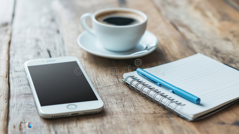 Wooden Table with a White Smartphone on the Left Side and a Cup of ...