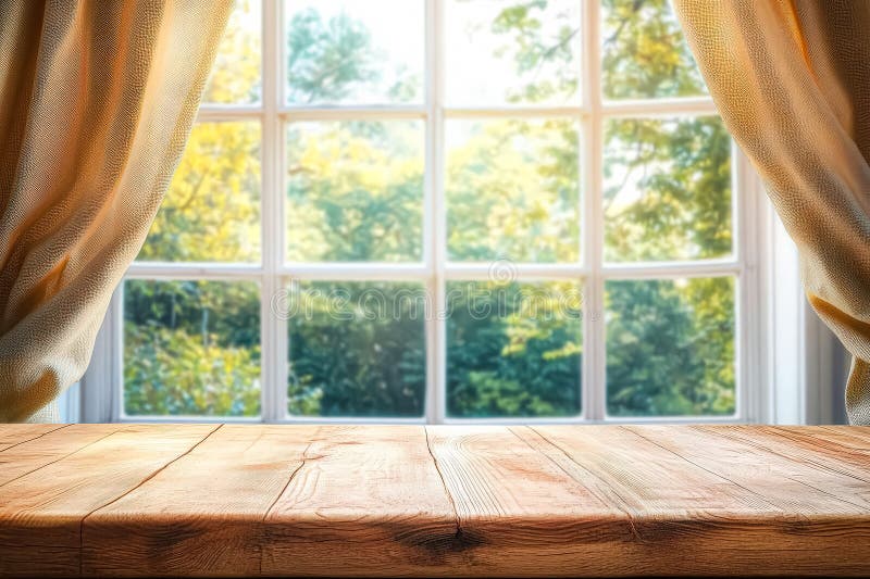 Wooden Table with a Window in the Background Stock Photo - Image of ...