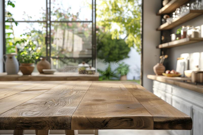 A Wooden Table beside a Window with Trees in the Background Stock Photo ...