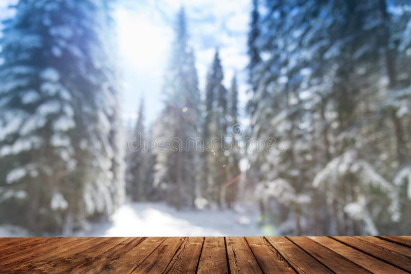 A Wooden Table and Winter Forest Landscape Stock Photo - Image of table ...