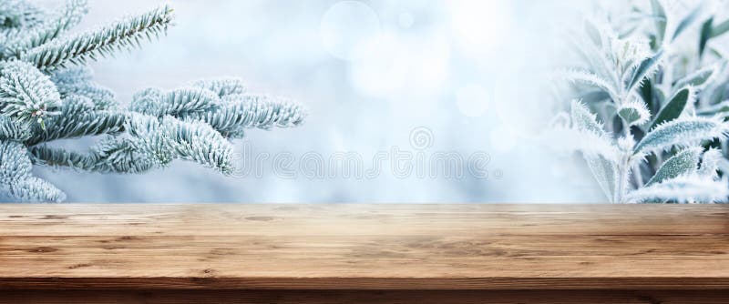 Wooden table in winter stock image. Image of frost, rustic - 105124367
