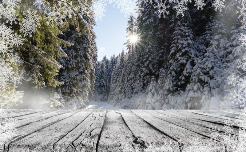A Wooden Table and Winter Snow Landscape Stock Image - Image of plank ...