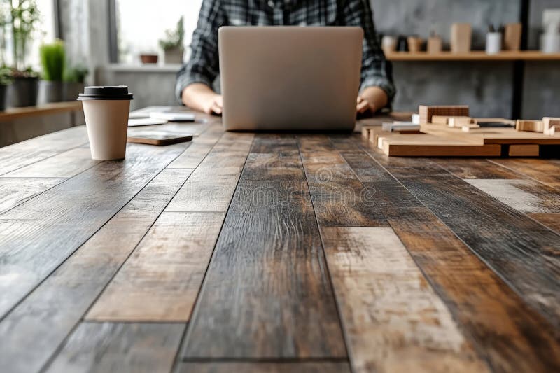 Wooden Table Workspace Laptop Coffee Cup Minimalist Design Elements ...
