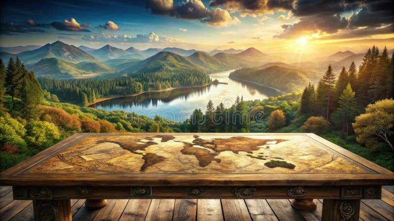 A Wooden Table with a World Map Inlay, Overlooking a Serene Mountain ...